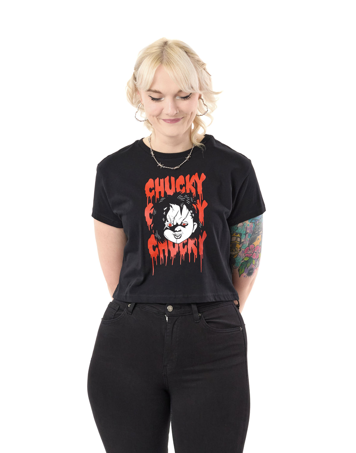 Chucky x3 Womens Black Cropped Short Sleeved T-Shirt — Vanilla Underground