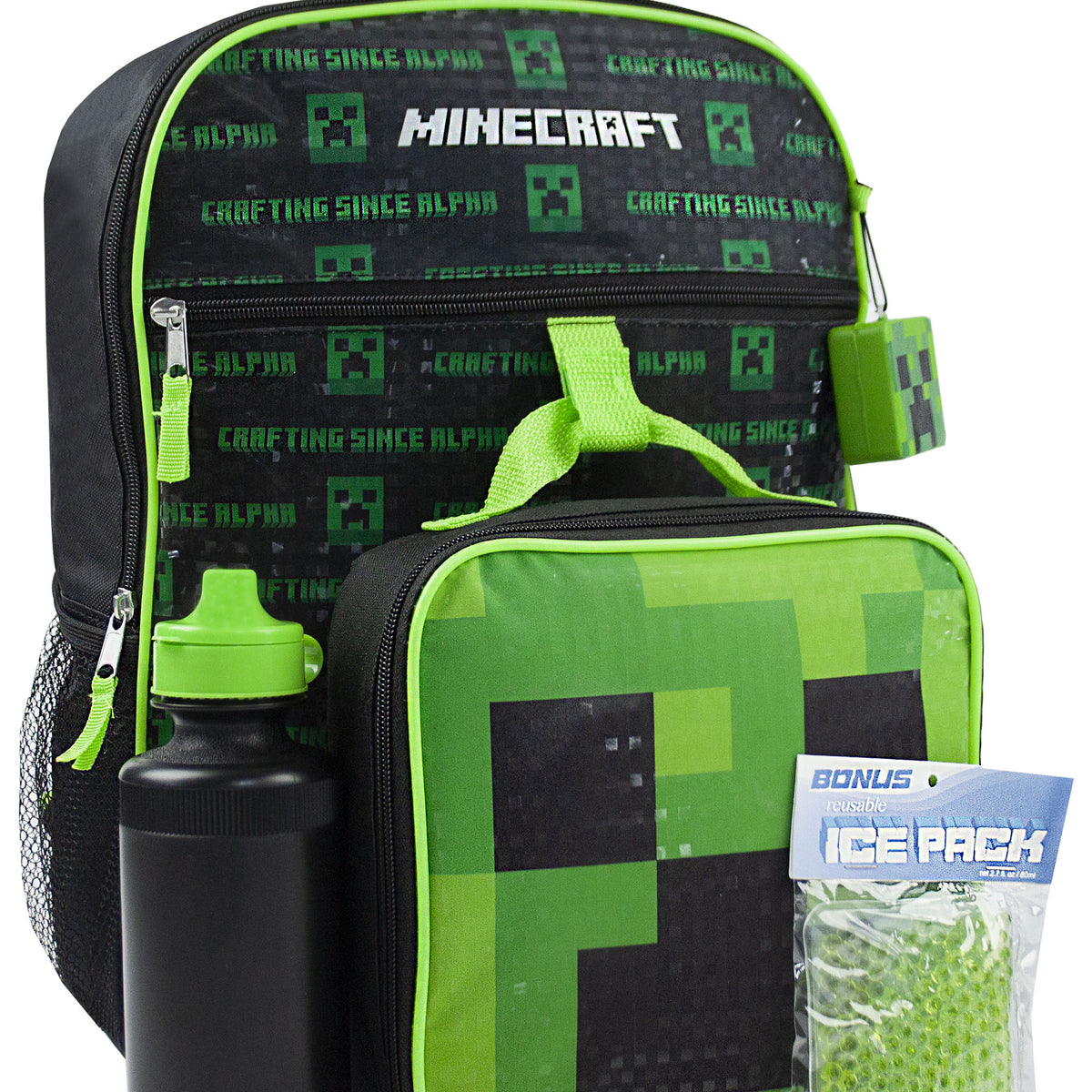 Minecraft Creeper 5 Piece Backpack Set Lunch Box Water Bottle Ice Pack ...