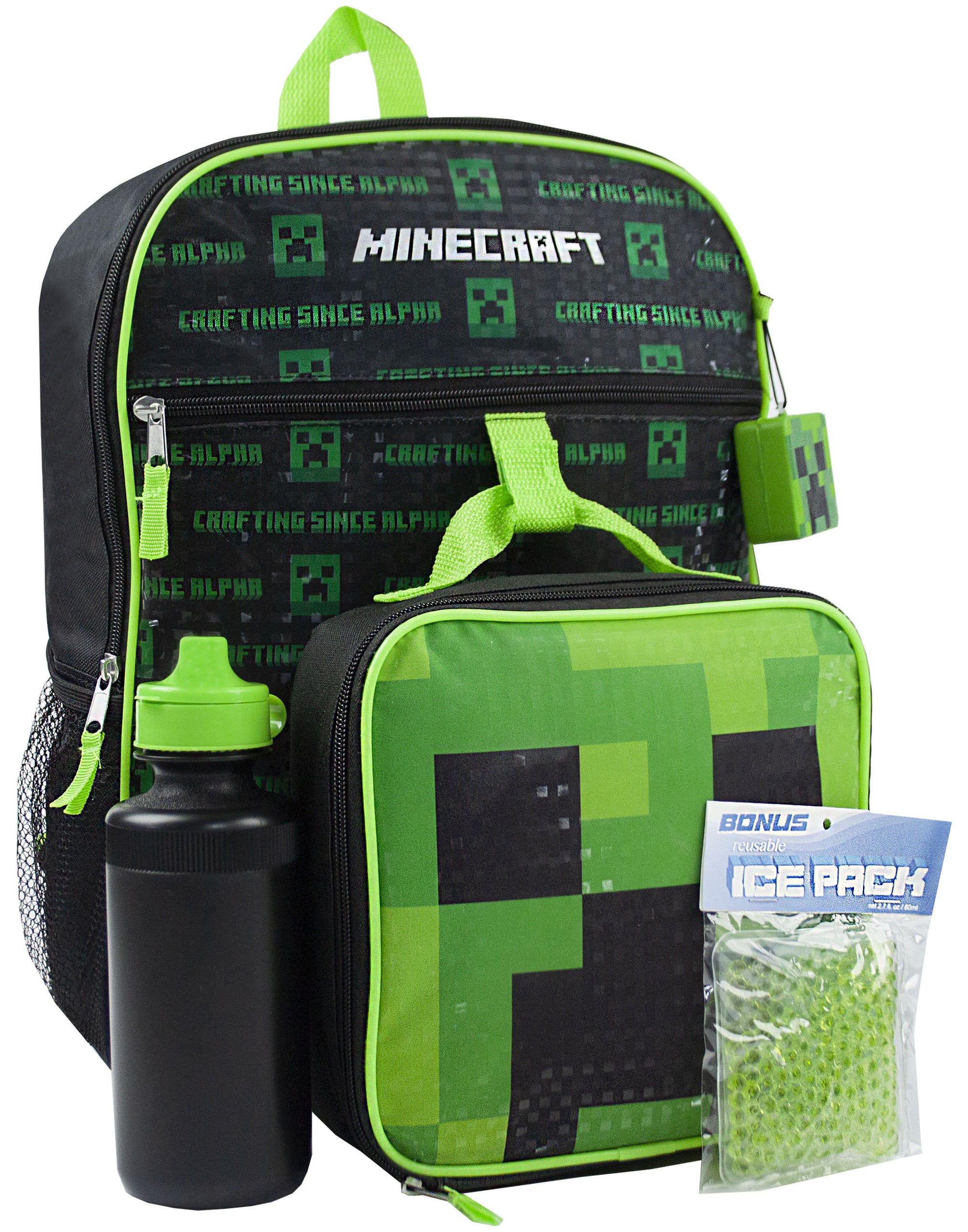 Minecraft Creeper 5 Piece Backpack Set Lunch Box Water Bottle Ice Pack ...