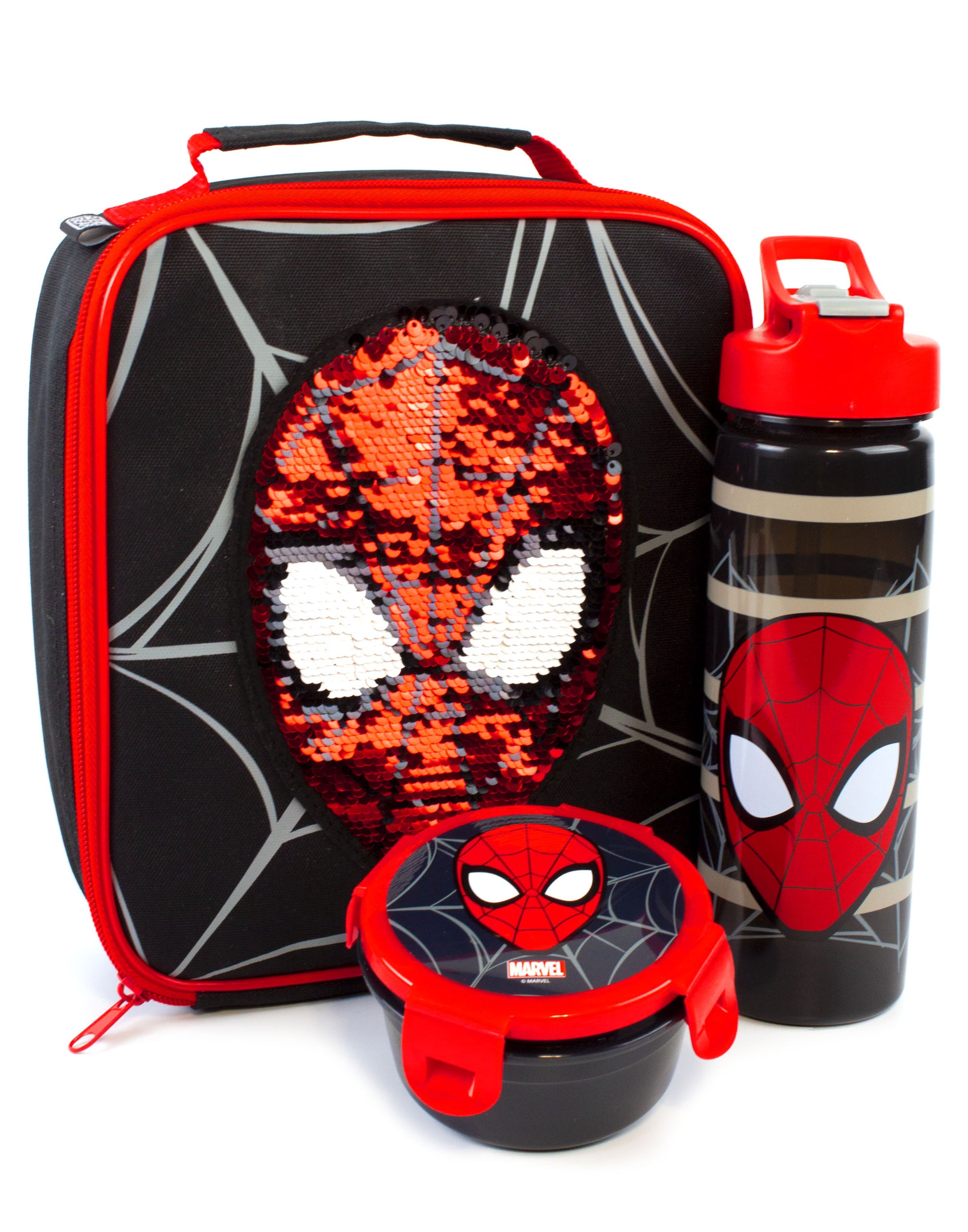 Spider-Man Sequin Face Childrens 3 Piece Lunch Bag, Bottle & Snackpot ...