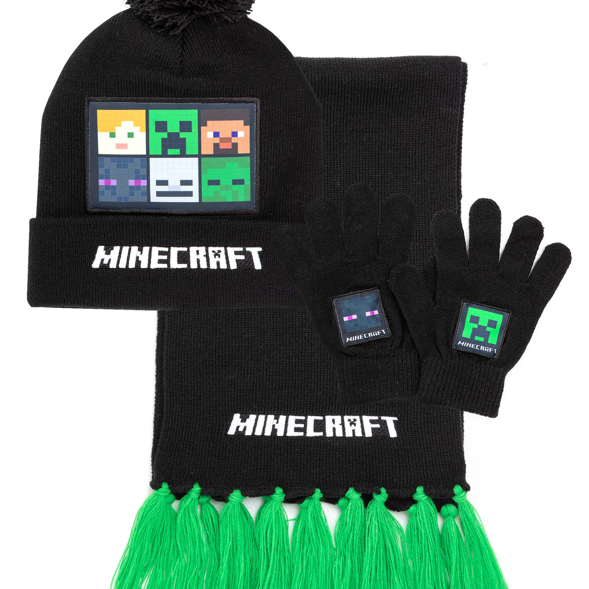Minecraft Characters Black Beanie , Scarf and Glove Set — Vanilla ...