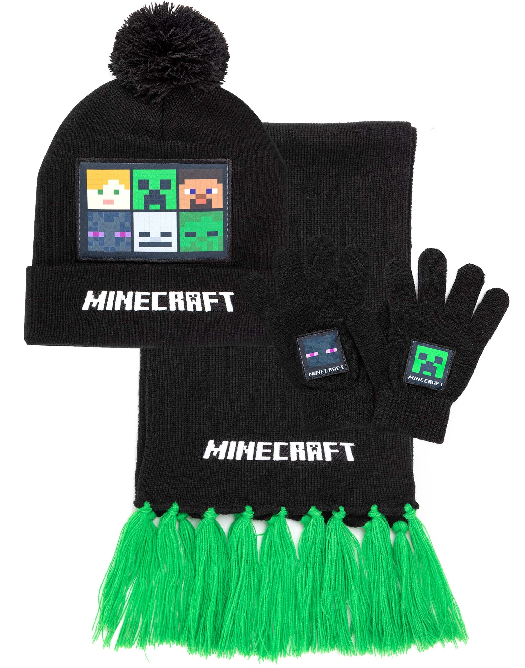 Minecraft Characters Black Beanie , Scarf and Glove Set — Vanilla ...