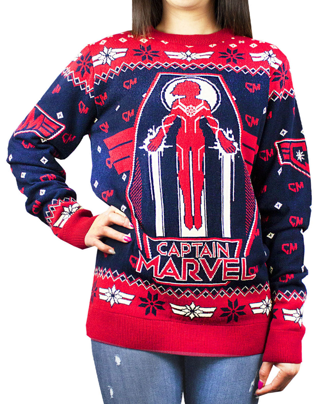 Captain Marvel Women's Premium Red Black Knitted Christmas Jumper ...